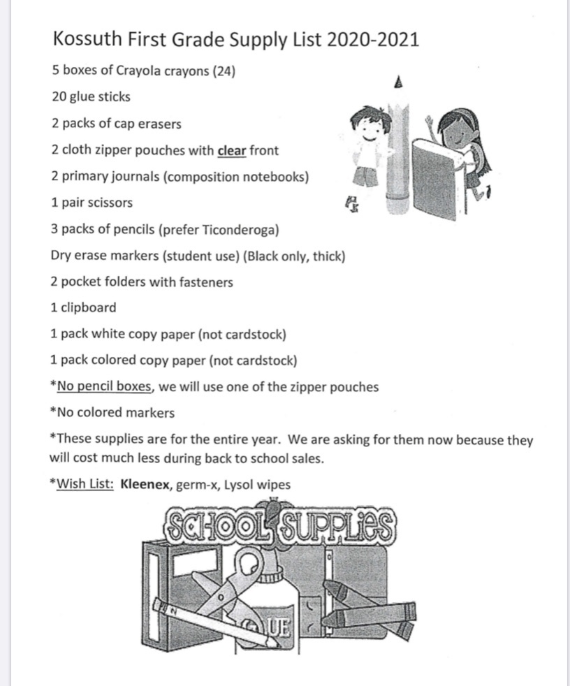 First Grade School Supply List | Kossuth Elementary